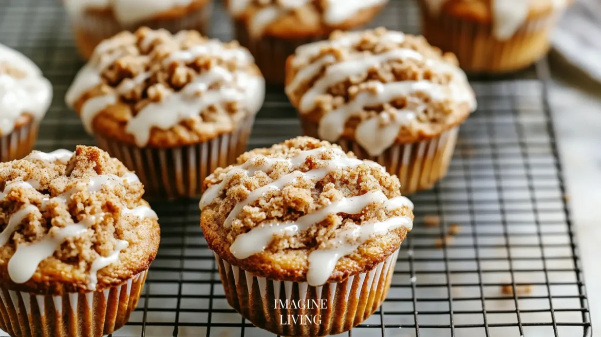 A batch of golden cinnamon streusel muffins topped with crumbly brown ...